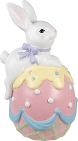 Dekorace socha bílý králík s mašlí na barevné kraslici - 32*28*55 cm