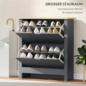 HOMCOM Botník se 2 sklápěcími přihrádkami, nastavitelná přepážka pro 8-12 párů bot, 72 x 26 x 80 cm, tmavě šedý