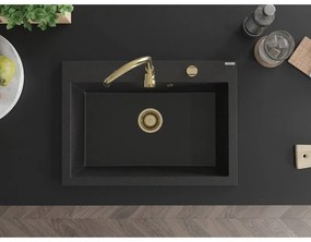Mexen Elix, 1korový granitový dřez 700 x 500 mm, černá/stříbrná metalíza, zlatý sifon, 6526701005-73-G