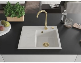 Mexen Ben, 1-komorový granitový dřez 600x500x190 mm, pravý + zlatý sifon, bílá, 6523605000-20-G