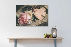 Obraz růže a srdíčko v jutě - 120x80 cm