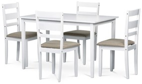 Jídelní set 1+4, stůl 120x75x75 cm, MDF, dýha, masivní nohy, bílý mat, šedé látkové sedáky