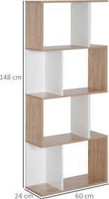HOMCOM Moderní Regál S Tvarovým Designem, 4 Poličky, 60 Š x 24 H x 148 V cm, Dub Bílý