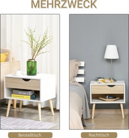 HOMCOM Noční stolek s šuplíkem, moderní design, nohy z masivu, 50 x 39 x 51 cm, bílý a přírodní dřevo