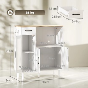 Komoda HOMCOM se zásuvkou, 2 dveřmi a otevřenou policí, žebrované akrylové dveře – bílá/dub, 80 × 34 × 91 cm