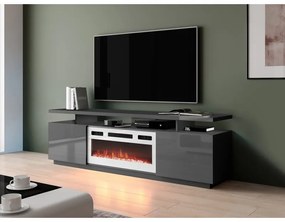 TV skříňka Aniceto s krbem, Osvětlení: osvětlení LED, Barva: bílá / bílá lesk, Krb: černý