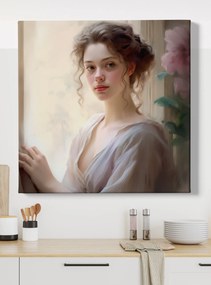 Obraz na plátně - Mladá žena s květinou FeelHappy.cz Velikost obrazu: 80 x 80 cm