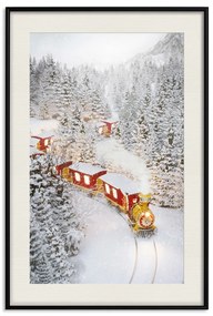 Plakát Vánoční vlak - červený vlak projíždějící zasněženým lesem