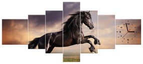 Gario Obraz s hodinami Silný černý kůň - 7 dílný Rozměry: 160 x 70 cm