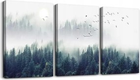 Obraz na zeď Les a ptáci v mlze triptych 40x90 cm