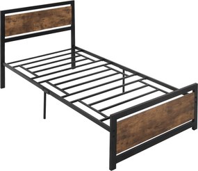 HOMCOM Jednolůžkový rám postele z dřeva a oceli 97x 208x103cm, integrované lamely, průmyslový styl čela a nohou postele, černý a rustikální hnědý | Ao