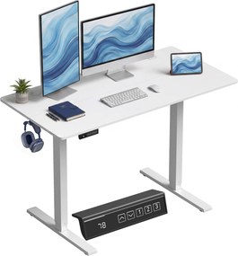 HOMCOM Elektrický stojací-sedadlový stůl 120 x 60 cm, 3 paměťové výšky, dětská pojistka a protinárazová funkce, pro práci, bílá