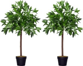 Outsunny Set 2 Umělých Vavřínových Stromů, 90 cm Umělé Rostliny v Betonových Květináčích, Vnitřní Rostlina, Umělé Rostliny pro Interiér i Exteriér, De