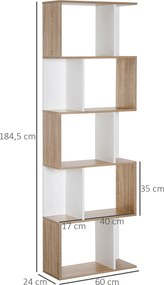 HOMCOM 5-patrová knihovna Dřevěný regál S-tvarovaný Moderní design pro obývací pokoj a kancelář 60x24x184,5 cm Bílá a dřevo