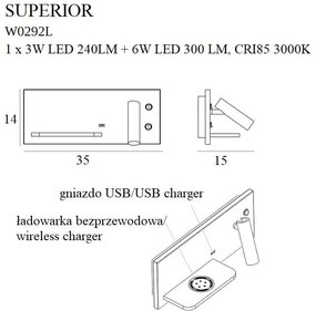 Maxlight W0292L SUPERIOR Nástěnné svítidlo s USB a indukční nabíječkou, černé