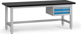 Profesionální dílenský stůl G4, 2 zásuvky, deska MDF + PVC, 2100 x 750 x 800 mm, modrá