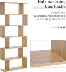 HOMCOM Knižní polička Zigzag v moderním designu 80Š x 23H x 192V cm, 6 úrovní, barva světlého dubu