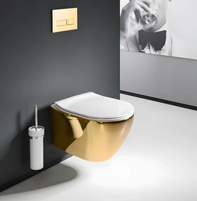 Rea Carlo Mini Tornado, závěsná WC mísa 490x355x350mm + toaletní sedátko, bílá-zlatá, REA-C6006