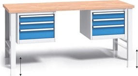 Výškově nastavitelný pracovní stůl do dílny G3 se 2 závěsnými boxy na nářadí, buková spárovka, 6 zásuvek, 2000 x 685 x 840 - 1050 mm, modrá