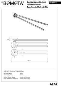 Bemeta Design ALFA: Držák ručníků dvojitý otočný, 475 mm -