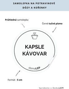 KAPSLE KÁVOVAR – průhledná samolepka na dózu, tučné písmo, 5 cm | DomaLEP