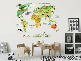 Mapa světa se zvířátky textilní přelepitelné samolepky na zeď 75 x 59 cm