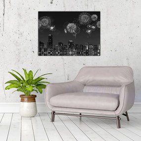 Skleněný obraz - Ohňostroj v Miami, černobílá (70x50 cm)