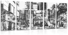 5-dílný obraz abstraktní panoráma města v černobílém provedení