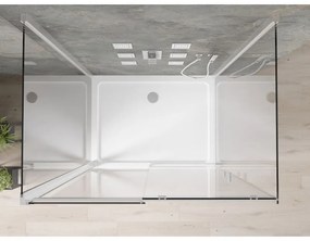 Mexen Omega, 3-stěnový sprchový kout s posuvnými dveřmi 120 (dveře) x 100 (stěna) x 190 cm, 8mm čiré sklo, chromový profil + bílá sprchová vanička SLIM, 825-120-100-01-00-3S-401
