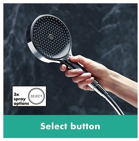 Hansgrohe Rainfinity, sprchová sada 130 3jet EcoSmart s tyčí 90 cm a poličkou na mýdlo, chromová, HAN-27672000
