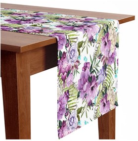 Běhoun na stůl Radostný kyt - kompozice fialových květů na bílém pozadí