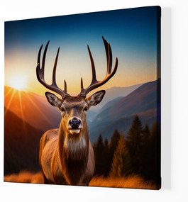 Obraz na plátně - Majestátní jelen na horské louce se západem slunce FeelHappy.cz Velikost obrazu: 80 x 80 cm