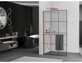 Mexen Kioto+ L, sprchová zástěna Walk-In s poličkou a věšákem 110 x 200 cm, 8mm čiré sklo černý vzor, ​​růžové zlato profil, 800-110-123-60-77
