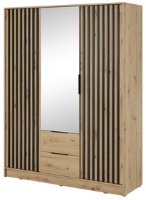PIASKI SKŘÍNĚ Šatní skříň - NELLY 3D se zrcadlem, dub artisan/matná černá