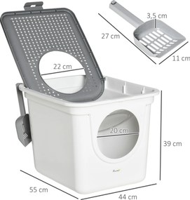 Podnos PawHut s víkem Podnos s lopatkou, do 5 kg, vnitřní, plast, šedý+bílý, 44x55x39cm| Aosom