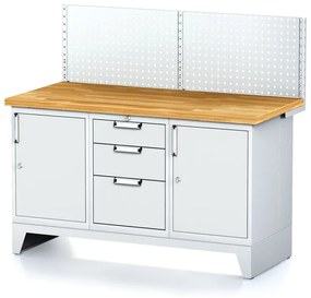Alfa 3 Dílenský stůl MECHANIC I , perforovaný panel,2 skříňky a zásuvkový box na nářadí, 3 zásuvky, 1500x685x880 mm, šedé dveře