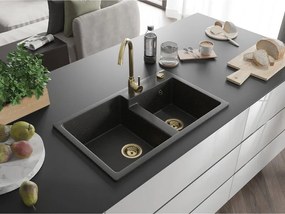 Mexen Tomas, granitový dřez 800x500x190 mm, 2-komorový, černá-zlatá metalíza se zlatým sifonem, 6516802000-75-G