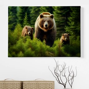 Obraz na plátně - Medvěd Grizzly s rodinou v jehličnatém lese FeelHappy.cz Velikost obrazu: 210 x 140 cm