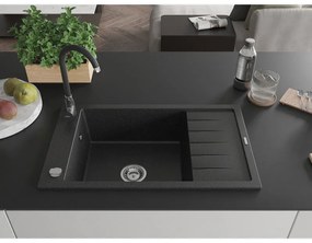 Mexen Elias, 1-komorový granitový dřez s odkapávačem 80x48 cm a kuchyňskou baterií Telma, černá-stříbrná, 6511-73-670200-70