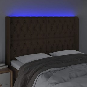 Čelo postele s LED tmavě hnědé 147 x 16 x 118/128 cm textil 3124385