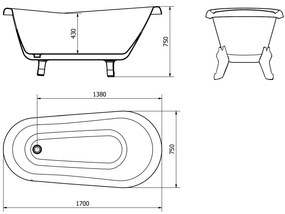 Mexen Retro, volně stojící vana 170 x 75 cm, bílá, černé nohy, 53251707500-70