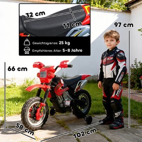 HOMCOM Dobíjecí elektrická motorka pro děti 6V od 3 let s nabíječkou a podpůrnými koly 102x53x66 cm Červená