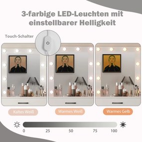 Costway Toaletní stolek s LED osvětlením 3 barvy s nastavitelným jasem – bílý