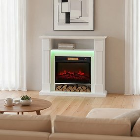 HOMCOM Elektrický krb s LED světly, realistický efekt plamenů, 1800W, krbový říms, 2 dálkové ovladače, sklo, bílá