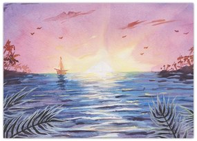 Skleněný obraz - Západ slunce nad vodou, aquarel (70x50 cm)