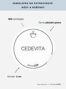 Samolepka na láhev CEDEVITA –  průměr 5 cm – bílá vinylová, voděodolná, omyvatelná samolepka na dózy, základní písmo