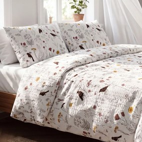 Krepové povlečení Ptáčci v kvítí - bílé Velikost: 140 x 200 + 70 x 90