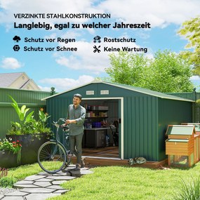 Kovová zahradní kůlna Outsunny 12,4 m², s šikmou střechou, posuvnými dveřmi a základem, 386 x 340 x 200 cm, odolná vůči počasí, pro zahradu, tmavě ze…