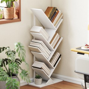HOMCOM Knihovnička volně stojící s 7 policemi Úzká police ve tvaru stromu pro kancelář, Rustikální bílá