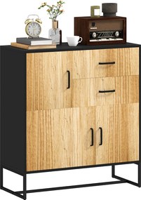 HOMCOM Moderní komoda se 3 skříněmi a 2 zásuvkami, víceúčelová komoda z dřevotřísky a oceli, 80x35x85 cm, Černá a dřevěná barva | Aosom